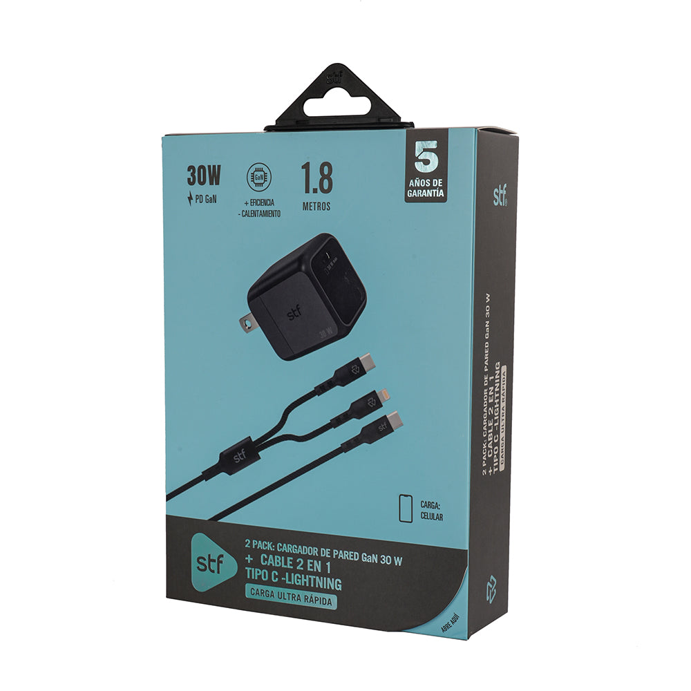 Kit Cargador de pared + Cable 2 en 1 STF Carga ultra rápida 3A 1.8m Tipo C-Lightning 60W ...