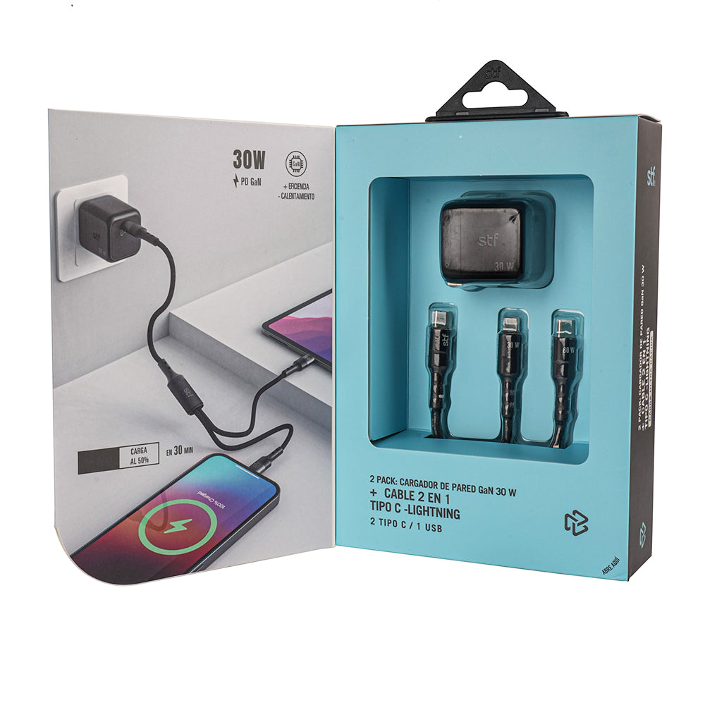 Kit Cargador de pared + Cable 2 en 1 STF Carga ultra rápida 3A 1.8m Tipo C-Lightning 60W ...